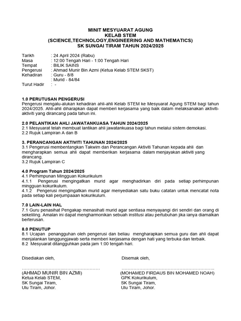 Minit Mesyuarat Agung Kelab Stem - 2024 | PDF