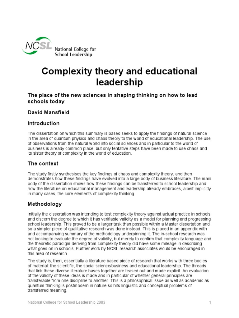 Complexity Theory in Educational Leadership | PDF | Leadership ...