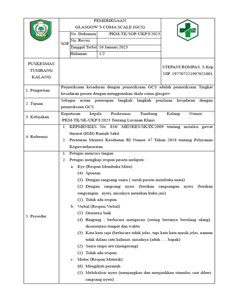 Sop Pemeriksaan GCS | PDF