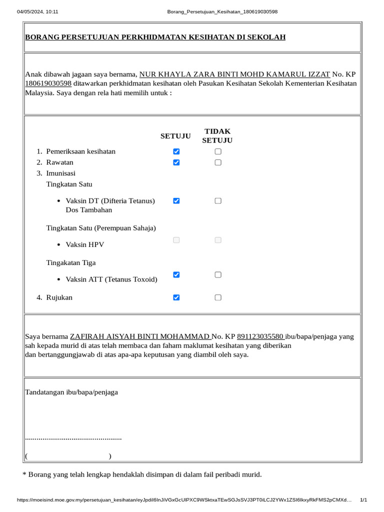 Borang Persetujuan Kesihatan 180619030598 | PDF