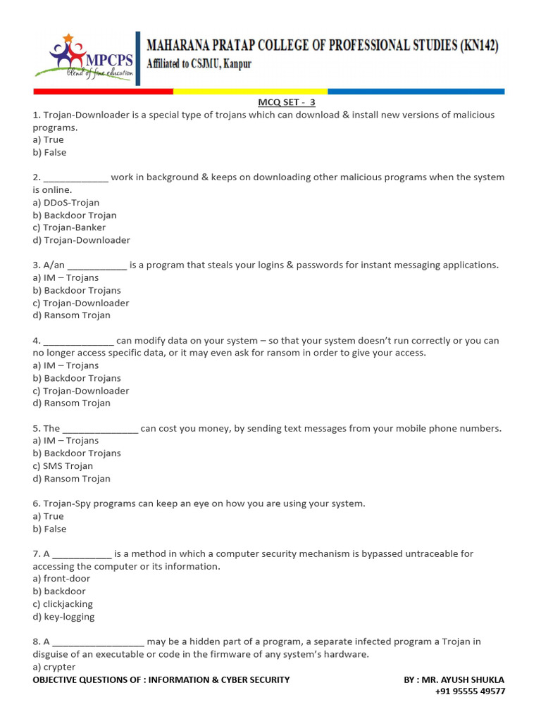 I&cs MCQ Set-3 | PDF | Denial Of Service Attack | Phishing