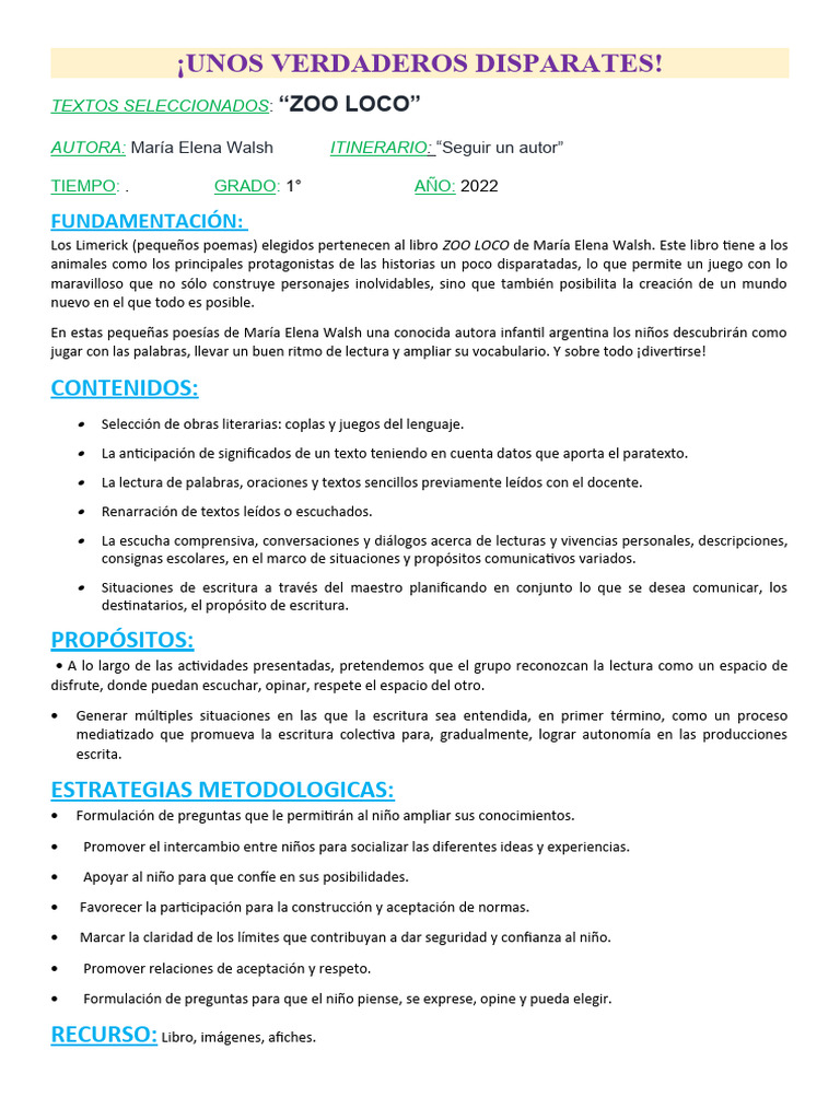 Actividades con "Zoo Loco" de Walsh | PDF | Autor | Libros
