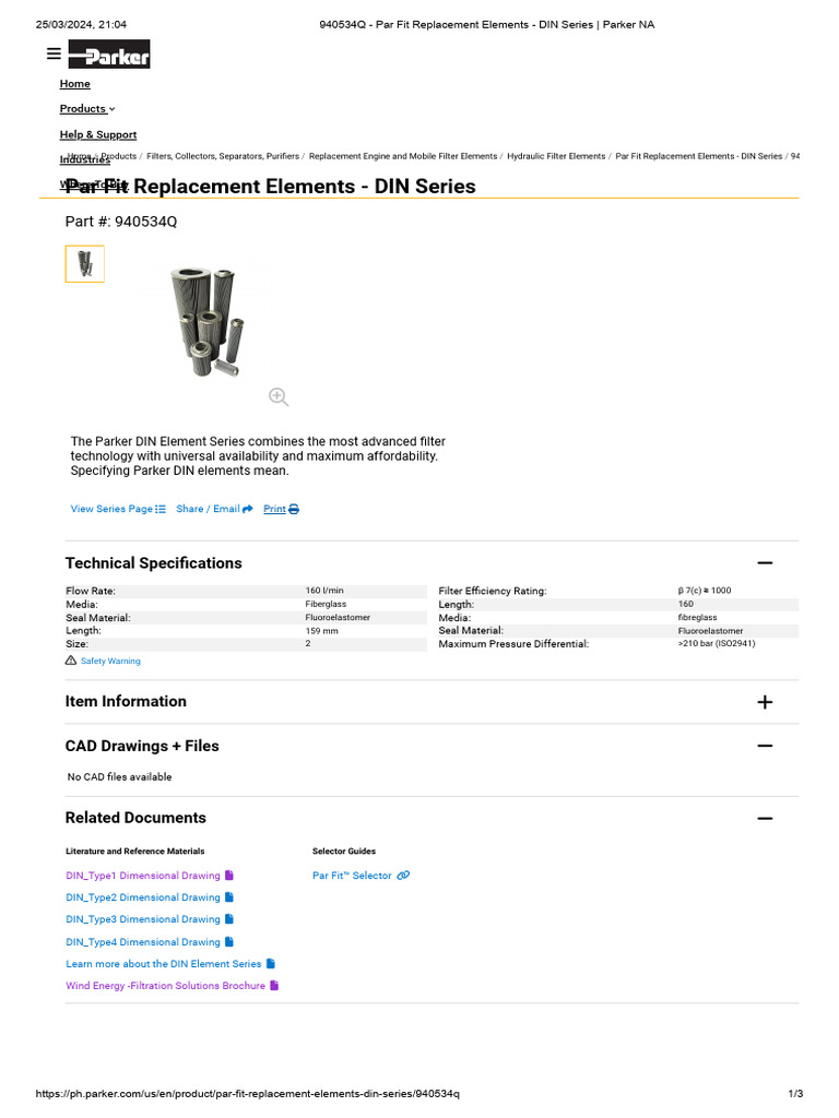 940534Q - Par Fit Replacement Elements - DIN Series - Parker NA | PDF