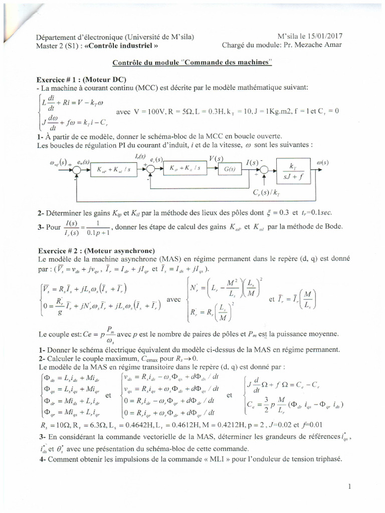 Sujet Examen Commande Des Machine | PDF