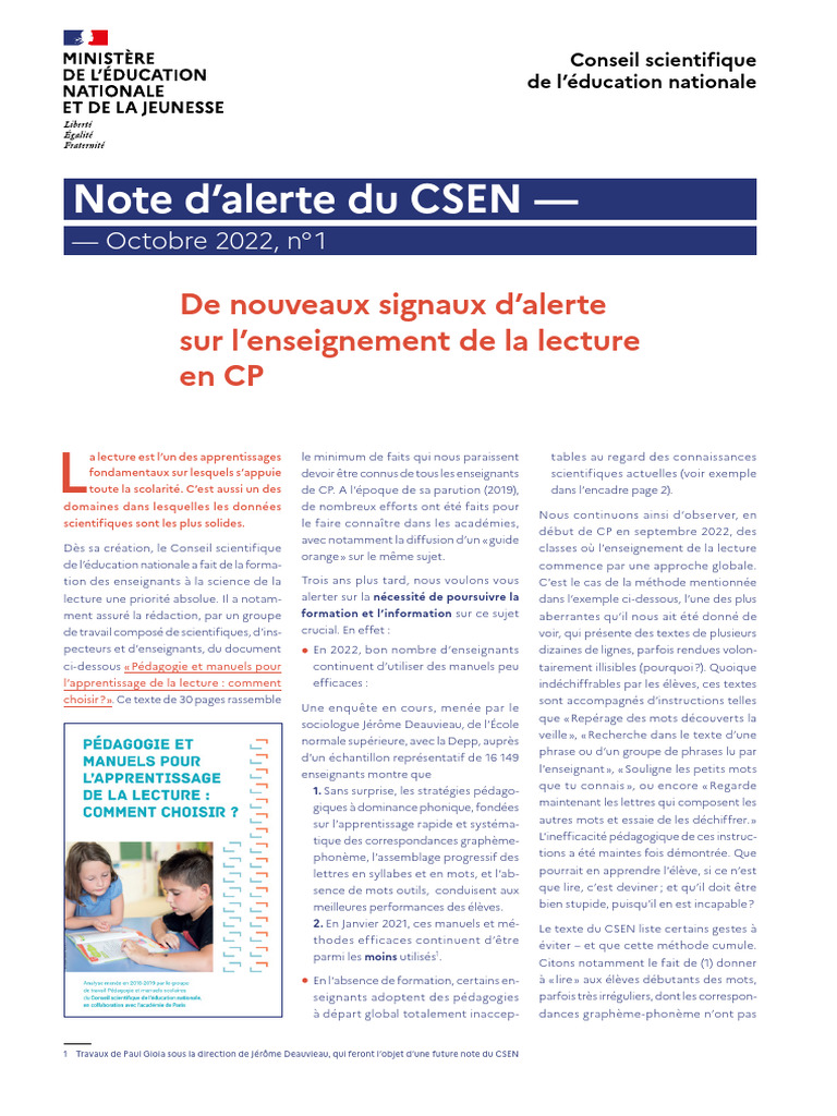 Note Alerte CSEN 01 | PDF | Enseignement | Pédagogie