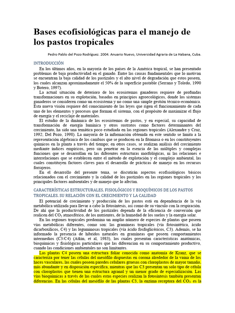Bases Ecofisiológicas para El Manejo de Los Pastos Tropicales | PDF ...
