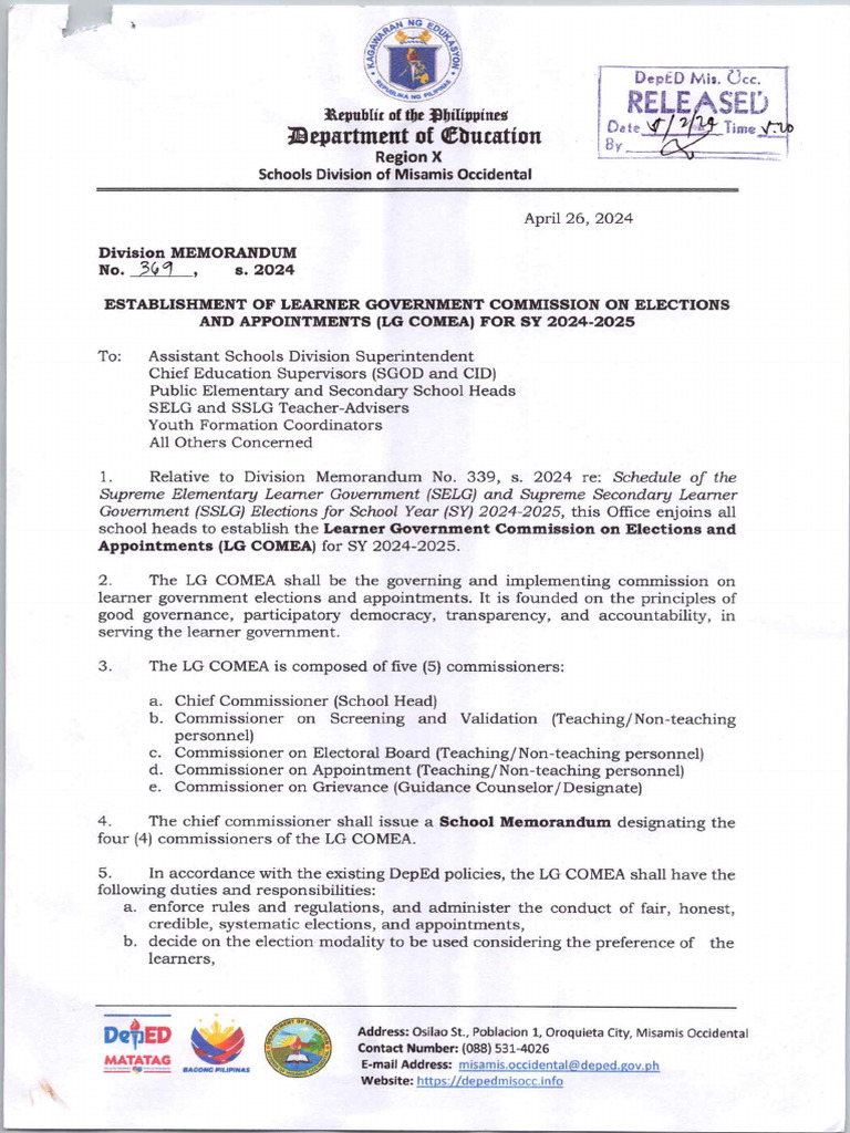 Dm. 369 S. 2024 Establishment of Learner Government Commission On ...