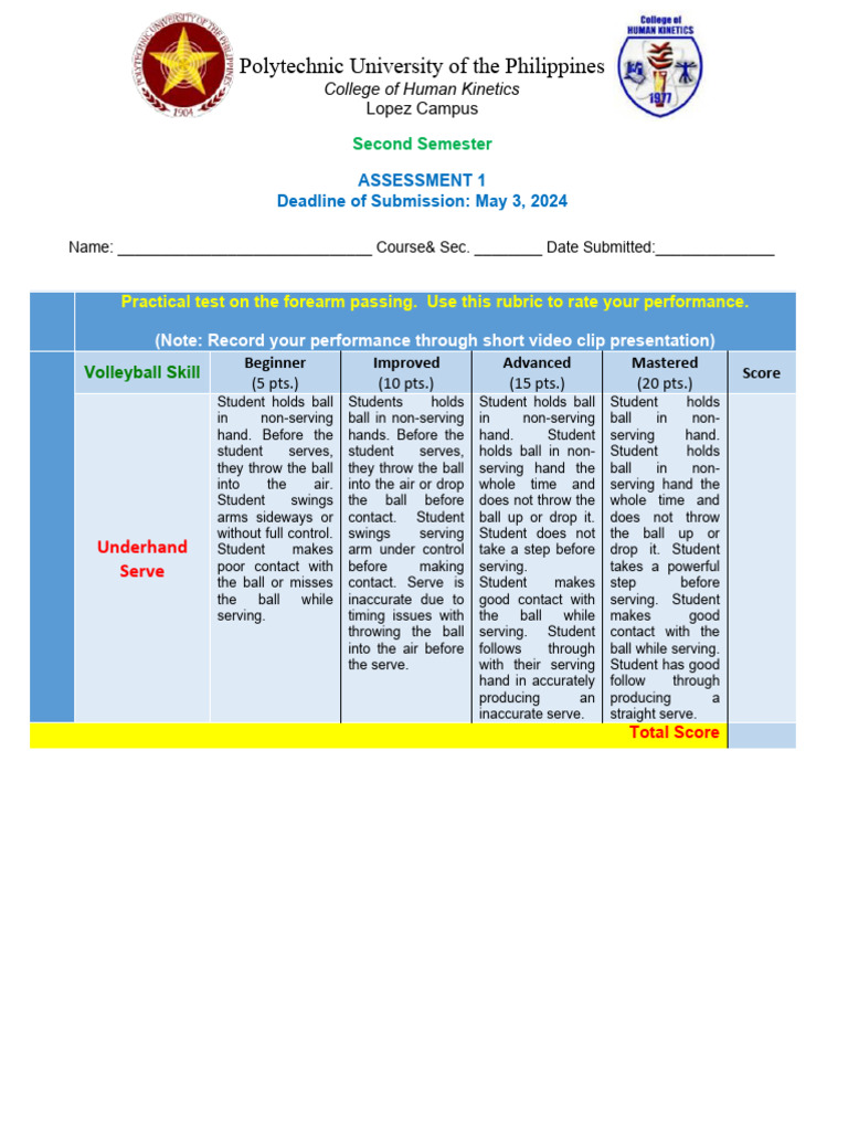Volleyball Skill Assessment Rubric | PDF | Sports | Ball Games