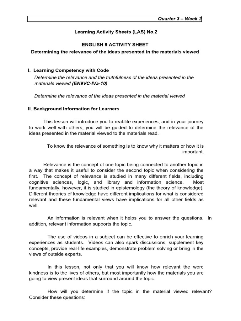 English 9 Week 2 Final | PDF | Relevance | Epistemology