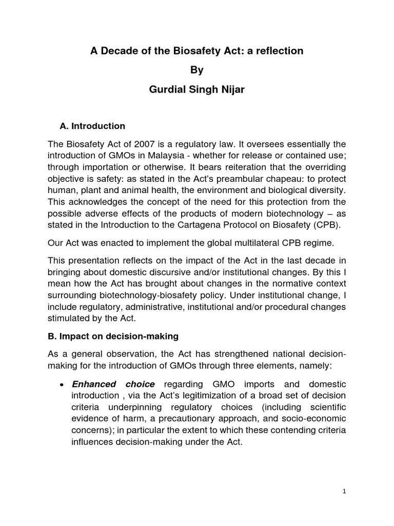 A Decade of The Biosafety Act - A Reflection | PDF | Genetically Modified Organism | Genetic ...