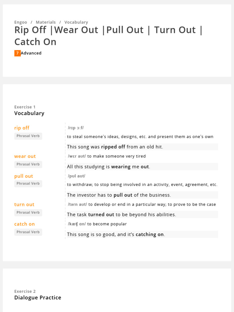 Rip Off - Wear Out - Pull Out - Turn Out - Catch On - Engoo | PDF ...