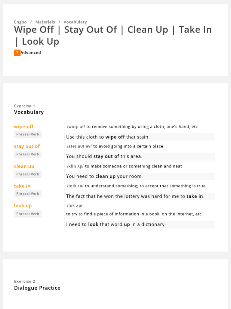 Wipe Off - Stay Out of - Clean Up - Take in - Look Up - Engoo | PDF