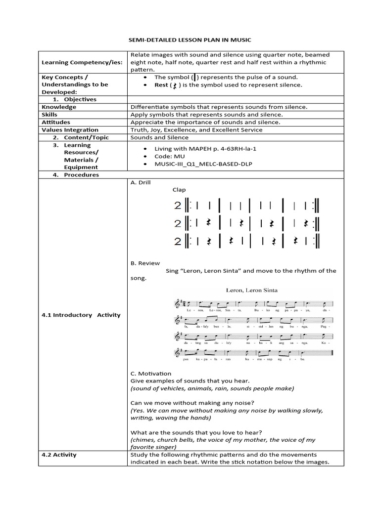 MUSIC 3 - 1st Quarter Lesson Plan | PDF | Rhythm | Silence