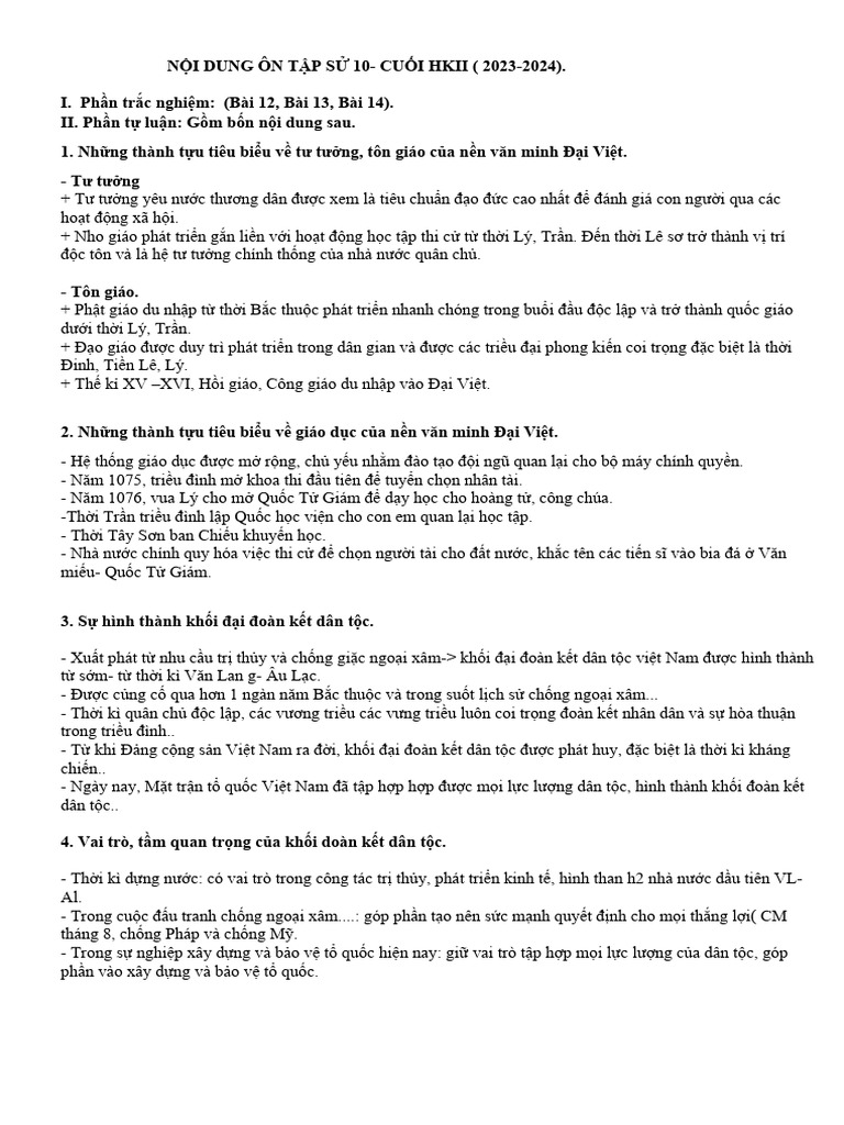 Đề cương ôn tập sử 10 cuối HKII | PDF