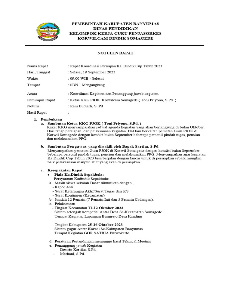 Notulen Rapat Kkg Pjok 19 September 2023 Pdf