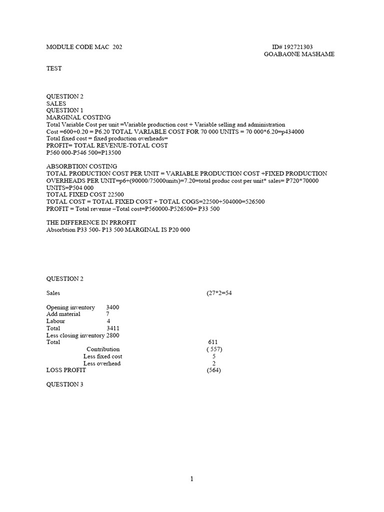 Test Management Accounting | PDF | Cost Of Goods Sold | Cost Accounting