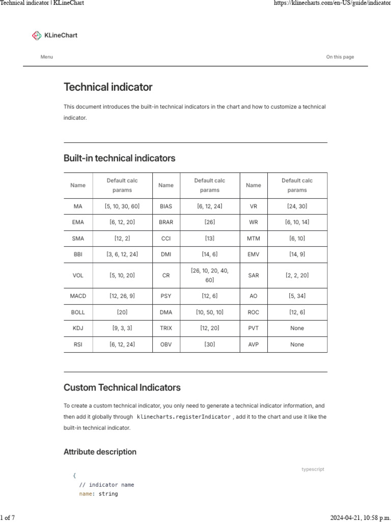 Technical Indicator Klinechart Pdf Boolean Data Type Parameter Computer Programming