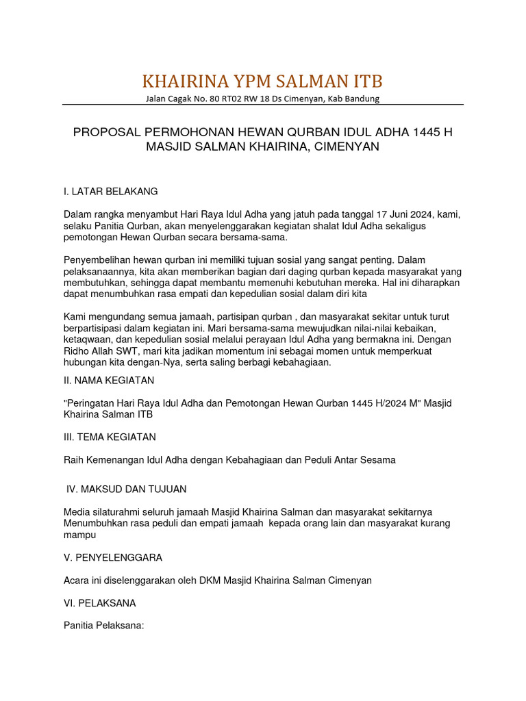 Proposal Permohonan Hewan Qurban Idul Adha 1445 | PDF
