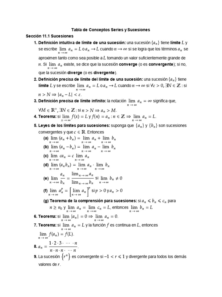 Tabla de Conceptos Series y Sucesiones | PDF | Límite (Matemáticas) | Series (Matemáticas)