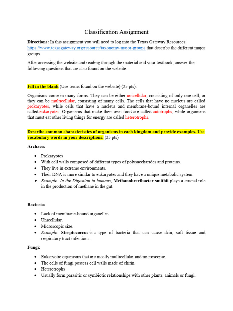 BIOL 1307 Classification Assignment - 2046788543 | PDF | Cell (Biology ...