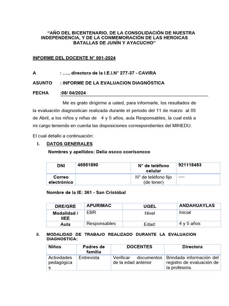 Informe De Evaluacion Diagnostica 2024 Pdf Evaluación Cognición 3887