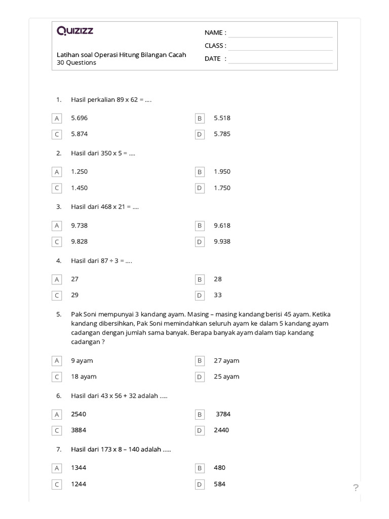 Latihan Soal Operasi Hitung Bilangan Cacah | PDF
