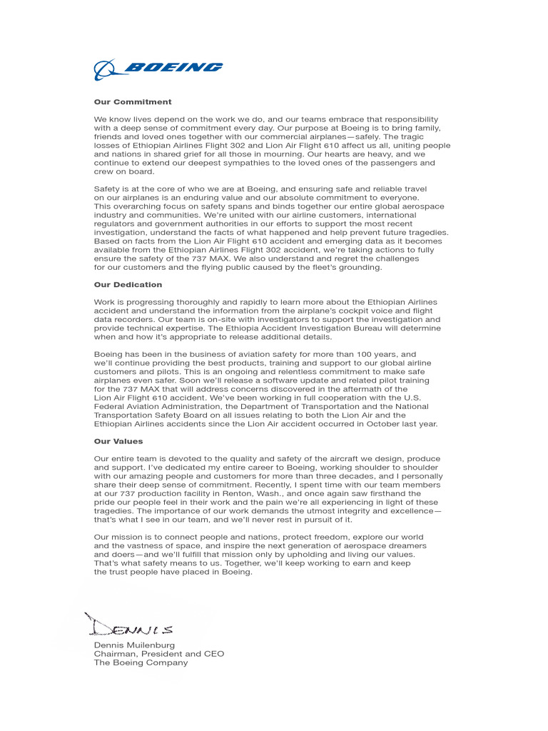Boeing CEO Letter April2019 | PDF | Boeing | Airlines