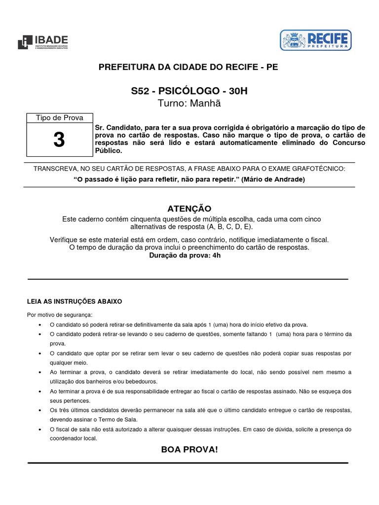 PSICÓLOGO - 30H (S52) Tipo 3 | PDF | Psicologia | Ansiedade