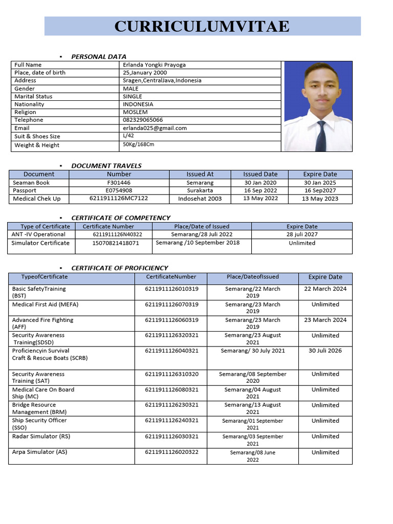 Seaman CV - Erlanda Yongki (New) | PDF | Water Transport | Shipping