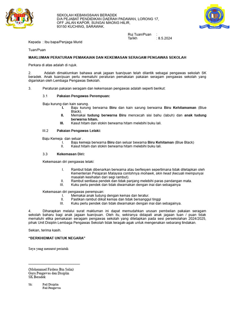 Surat Makluman Pengawas (2024) | PDF