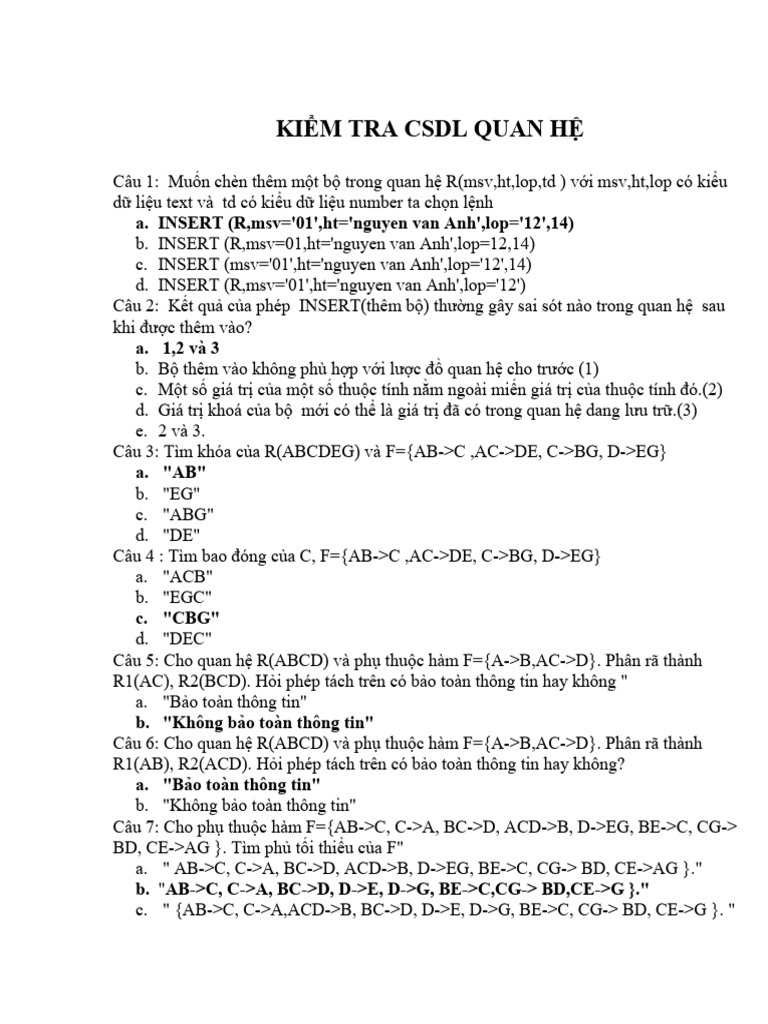 Kiem Tra CSDL QH Đap An | PDF