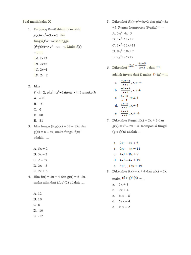 Soal Matik Kelas X FUNGSI | PDF