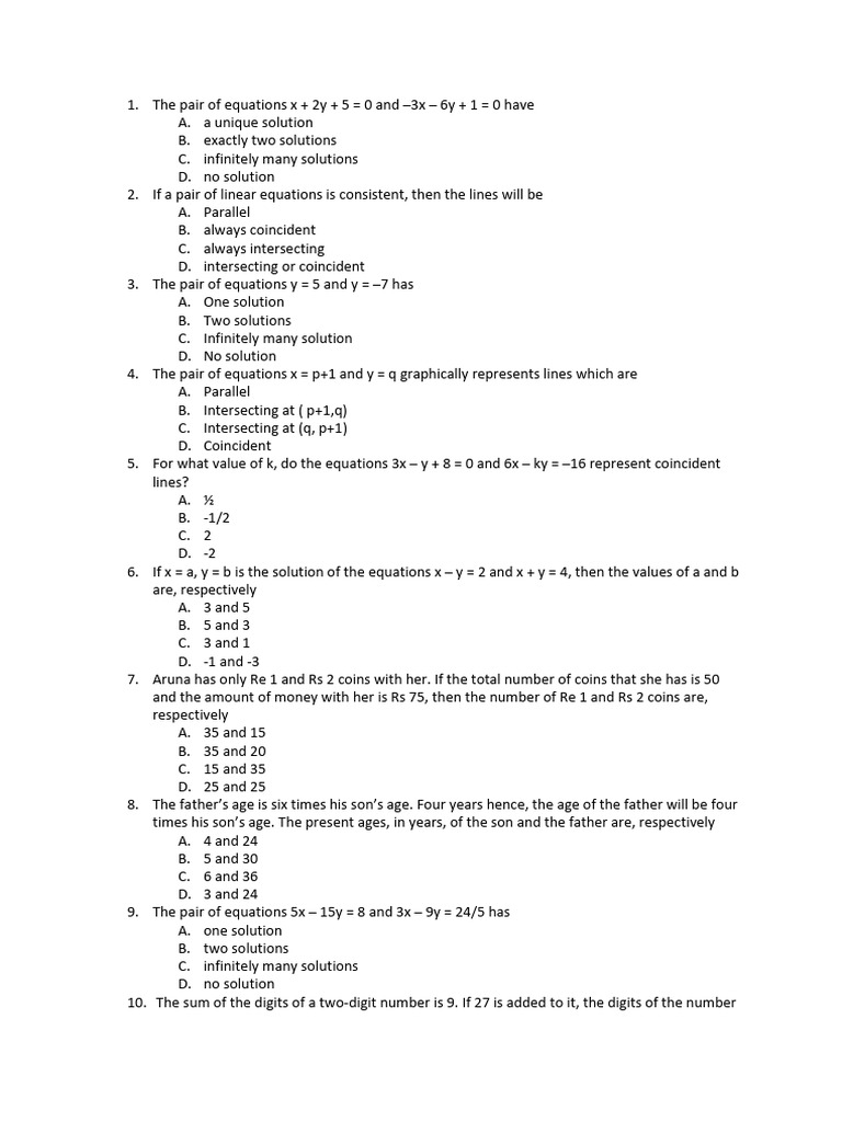 Class 10 Linear Equations Practice | PDF | Equations | System Of Linear Equations
