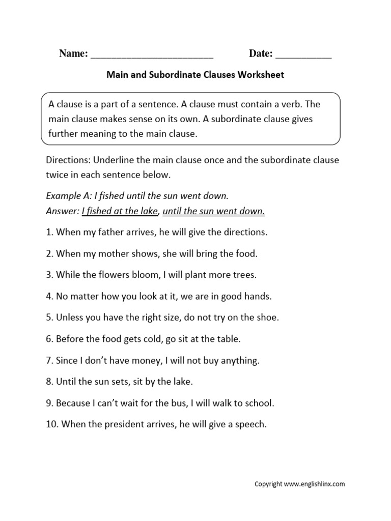Main-and-Subordinate-Clauses-Worksheet | PDF