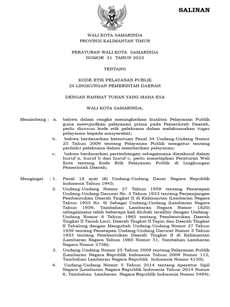Perwali Samarinda 31-2023 TTG Kode Etik Pelayanan Publik Di Lingkungan ...