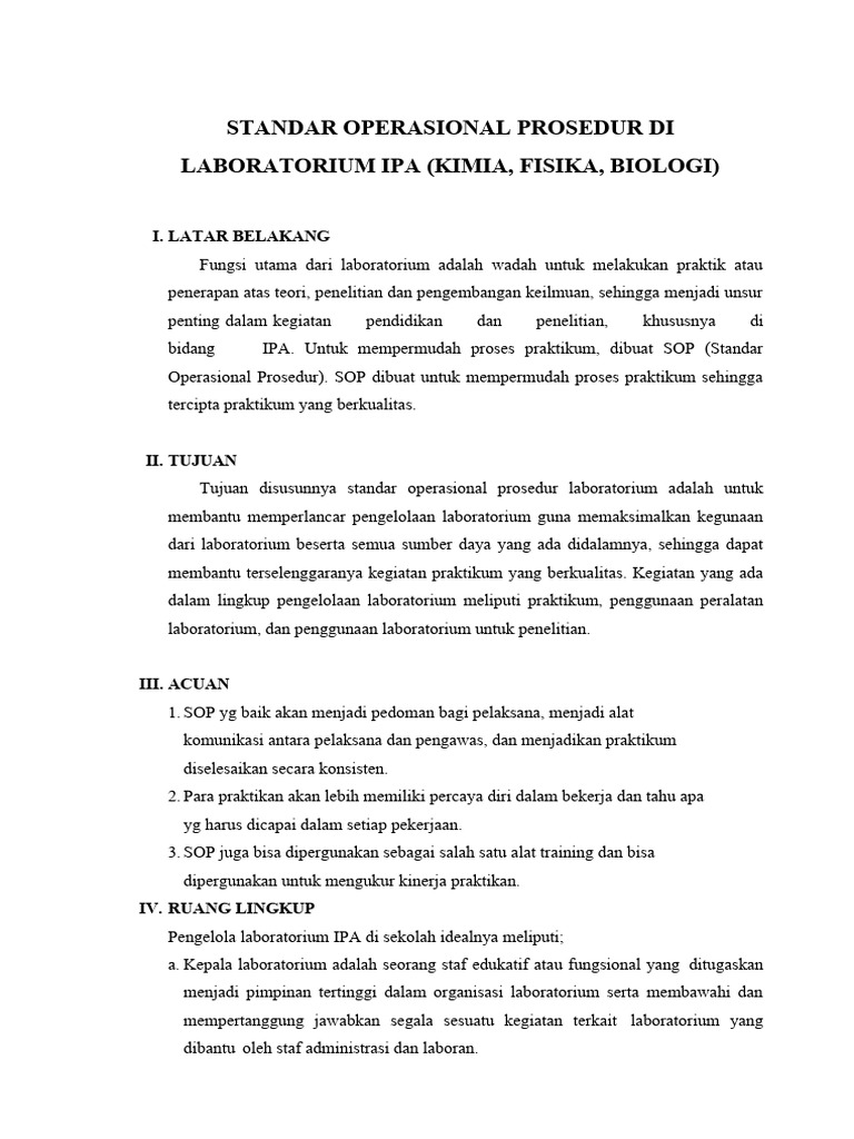 SOP Laboratorium IPA Sekolah | PDF
