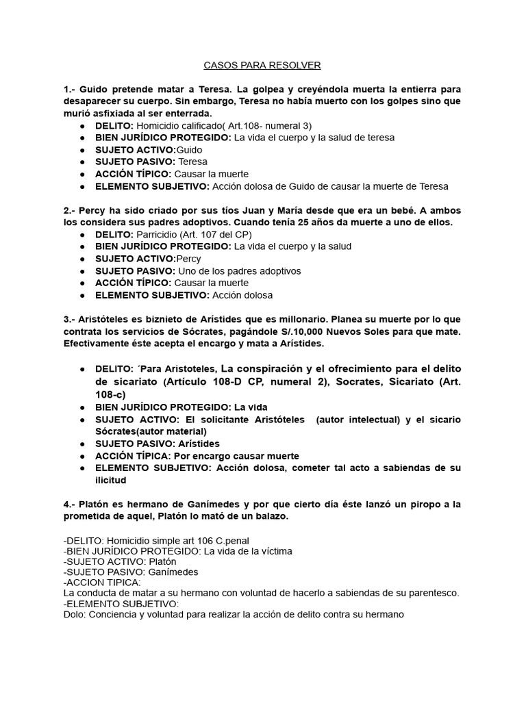 CASOS PARA RESOLVER | PDF | Intención (Derecho Penal) | Homicidio