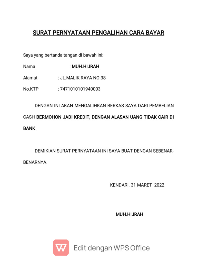 Contoh Surat Pernyataan Pengalihan | PDF | Pengelolaan Keuangan & Uang ...