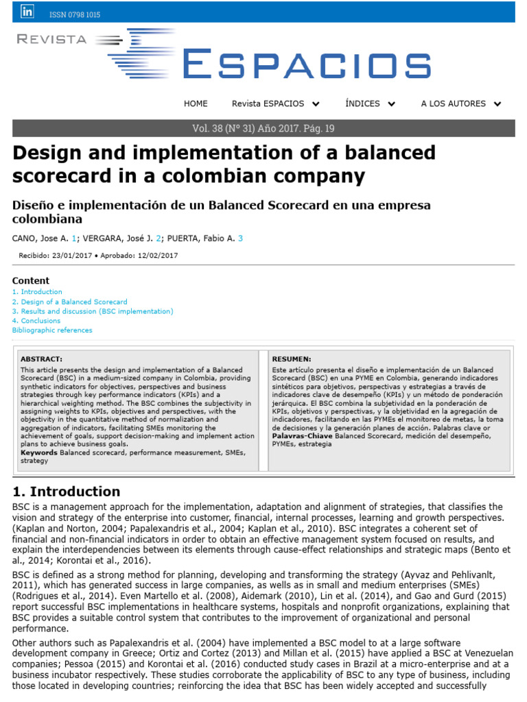 Design and Implementation of A Balanced Scorecard in A Colombian Company | PDF | Performance ...