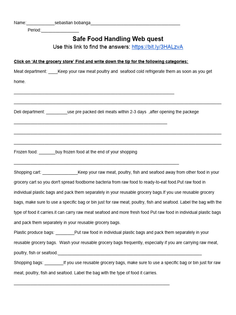 (Template) Safe Food Handling Webquest | PDF | Refrigerator | Grocery Store