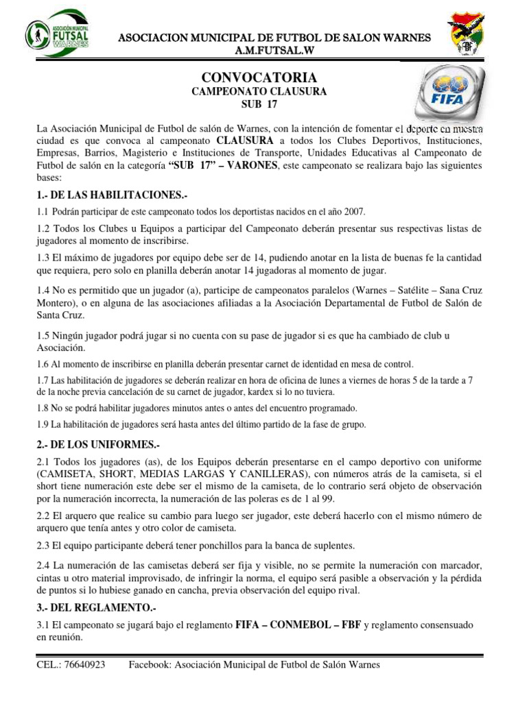 Convocatoria Sub-17 Futsal Warnes | PDF | Asociación de Futbol | Multa (pena)