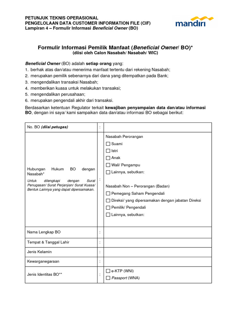 Lampiran 4 - Formulir Informasi Beneficial Owner (BO) - FINAL | PDF