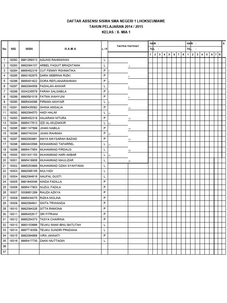 Absen Kelas XI - (2018-2019) JH | PDF