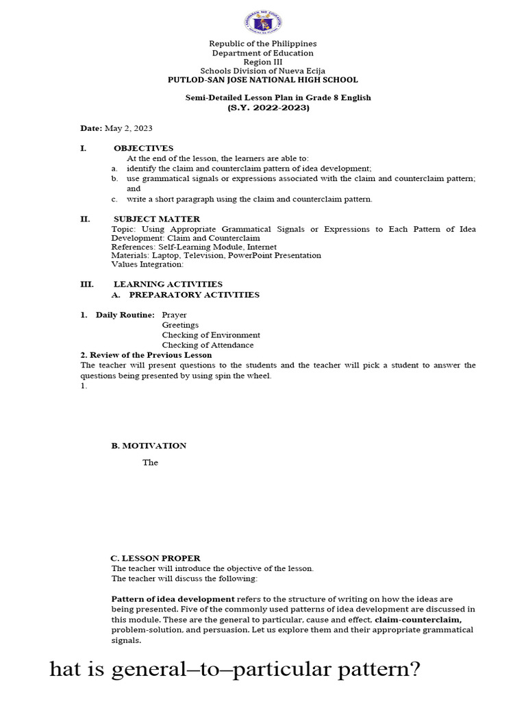 Grade 8 English Lesson Plan: Claim & Counterclaim | PDF | Learning | Reason