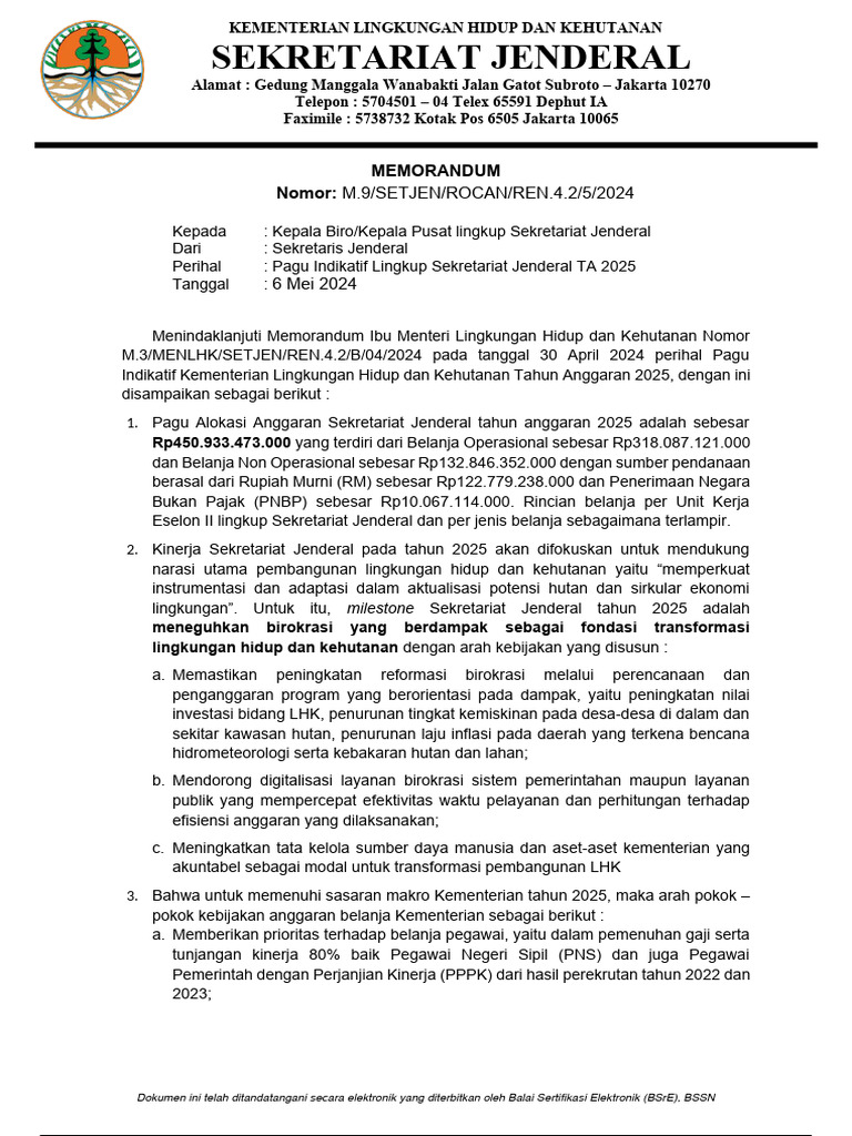 Memorandum Sekretaris Jenderal Pagu Indikatif Setjen 2025 | PDF