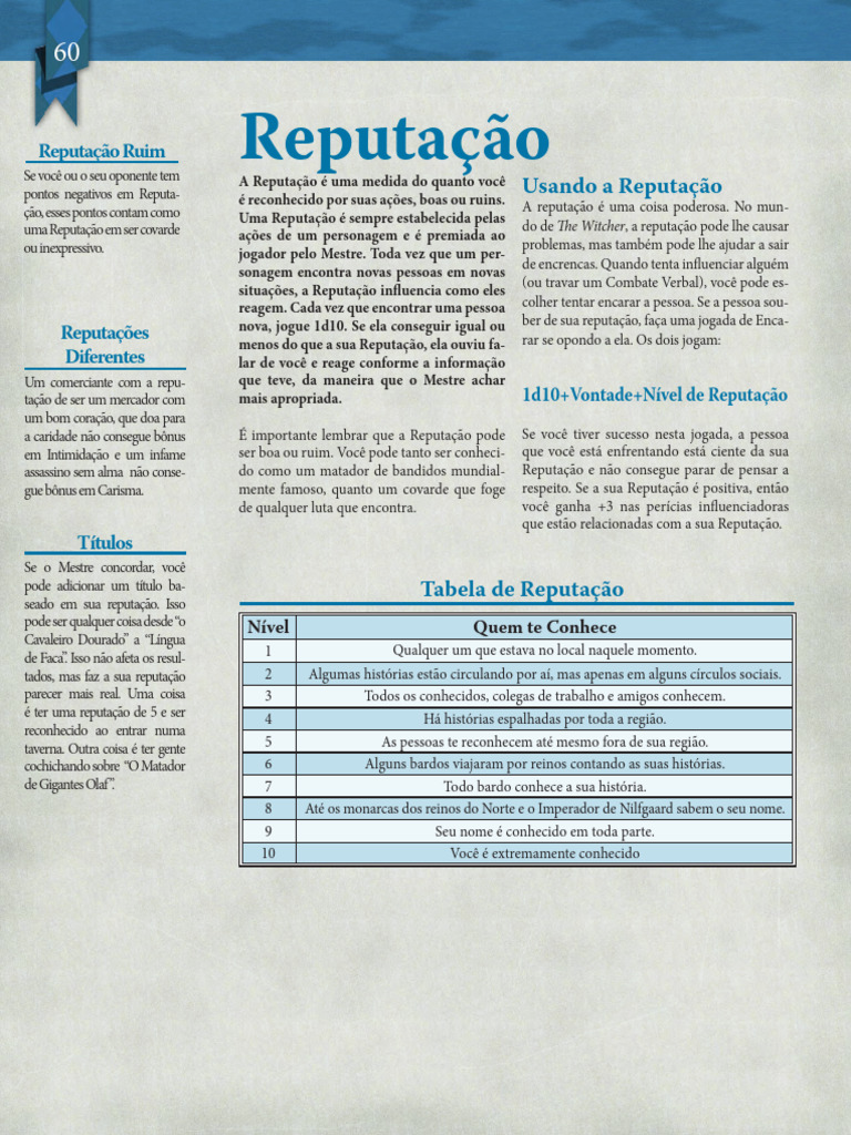 Reputação em The Witcher TRPG | PDF