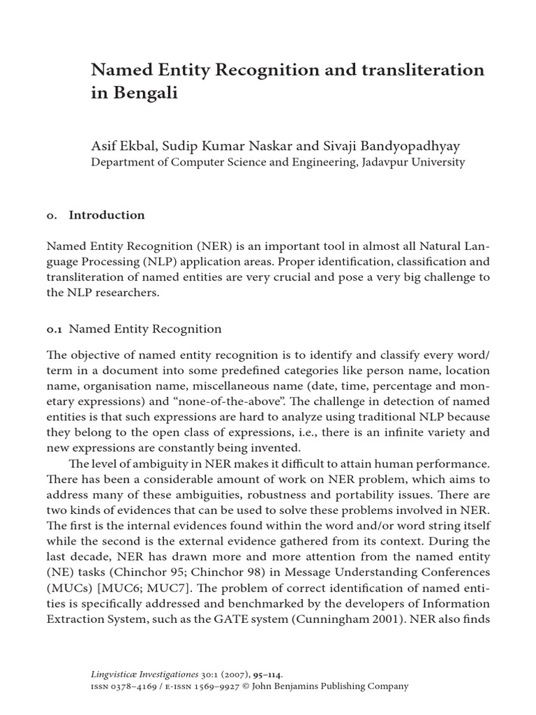 Named Entity Recognition and Transliteration in Bengali 2007 | PDF | Machine Learning | English ...