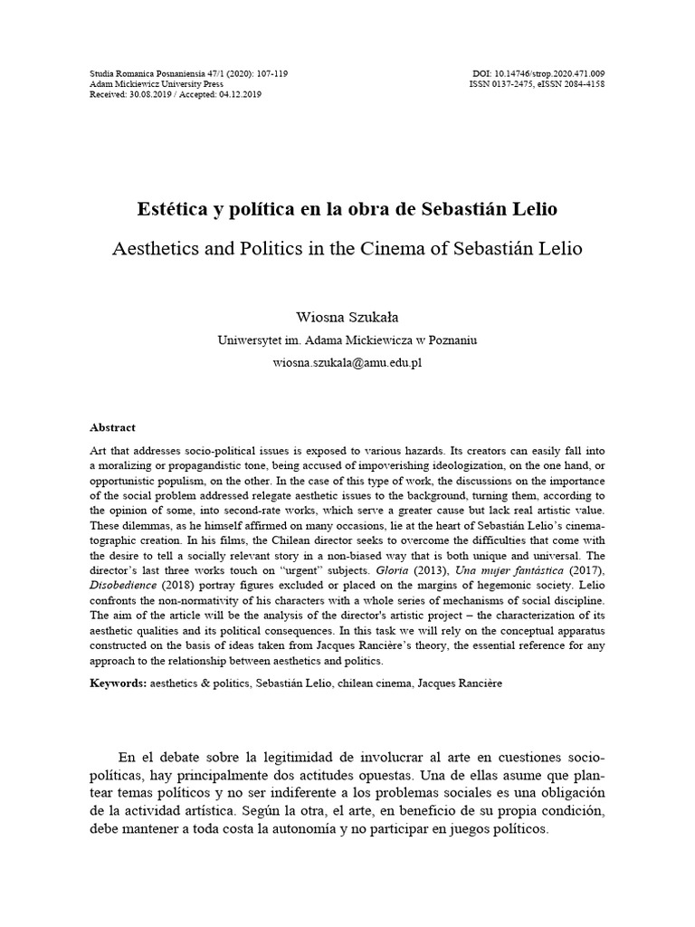 Aesthetics and Politics in The Cinema of Sebastin LelioStudia Romanica ...