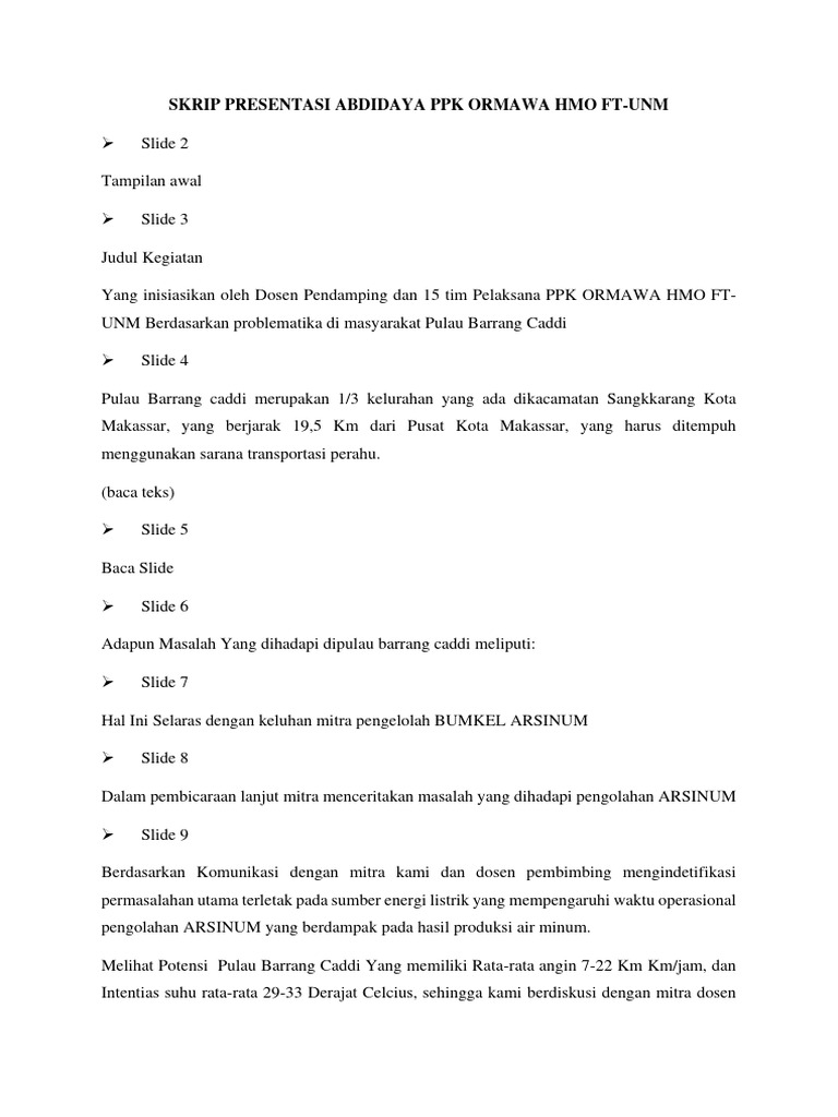 Skrip Presentasi Abdidaya PPK Ormawa Hmo FT | PDF