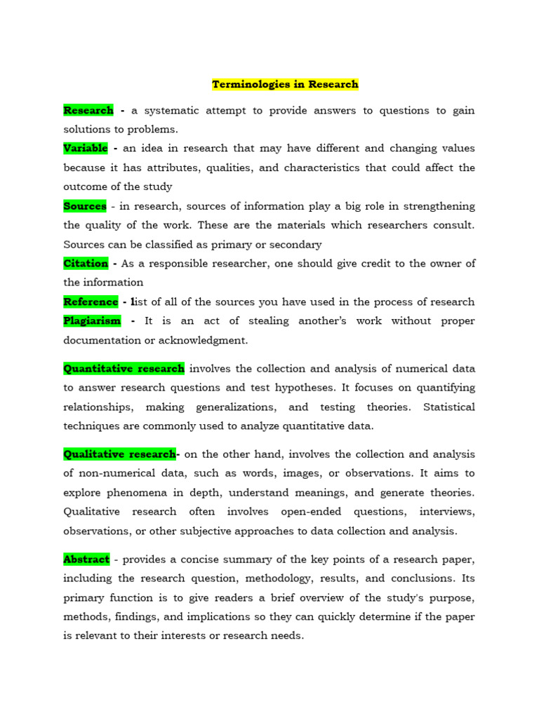 Key Research Terminologies Explained | PDF | Definition | Methodology